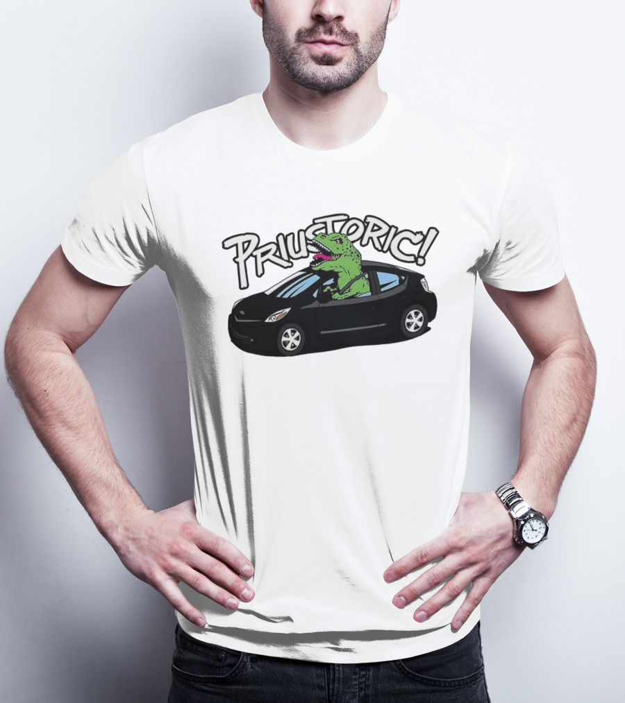 Priustoric T-Rex Dinosaur Driving Car Playful Humor T-Shirt