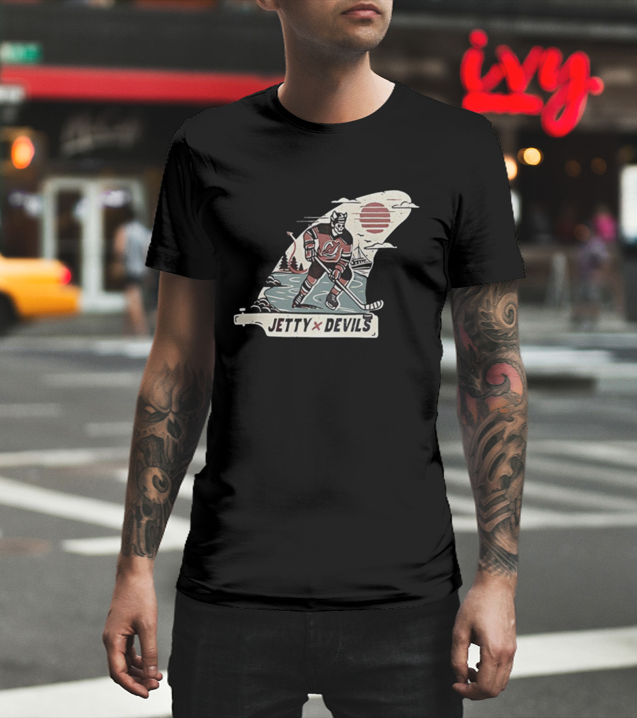 Jetty X New Jersey Devils NHL Player Vintage Skeleton Hockey Sunset Scene T-Shirt