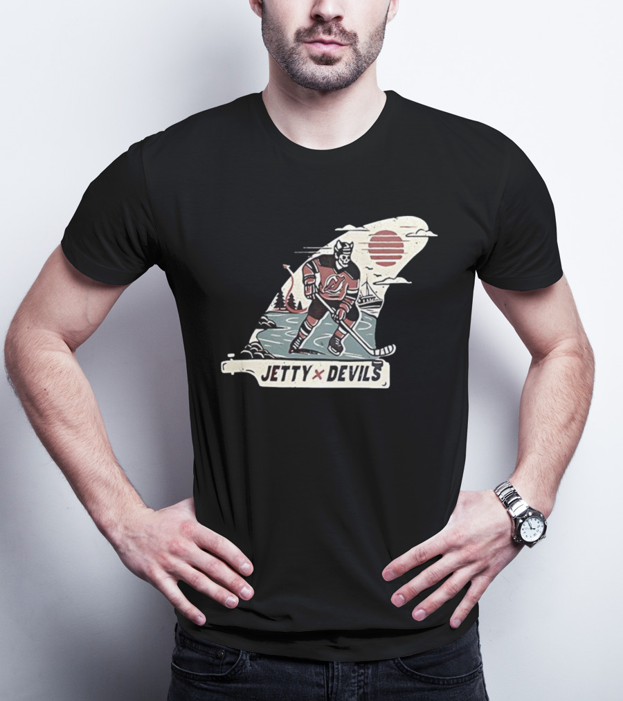 Jetty X New Jersey Devils NHL Player Vintage Skeleton Hockey Sunset Scene T-Shirt