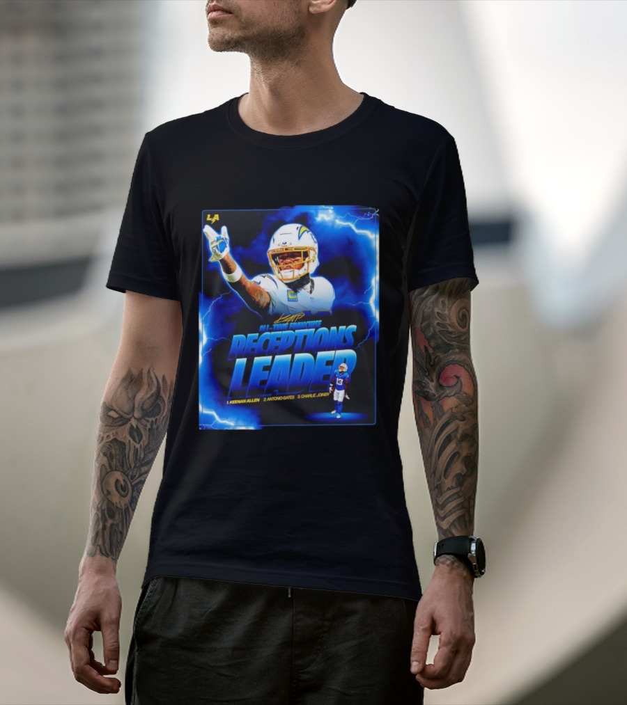 Keenan Allen Chargers All-Time Franchise Receptions Leader Lightning Theme T-Shirt