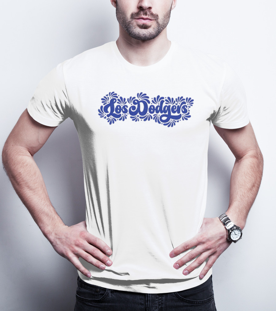 Mexican Talavera Inspired Los Angeles Dodgers Floral Text T-Shirt