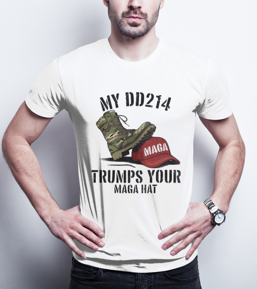 Veterans Against Trump My DD214 Trumps Your MAGA Hat Camo Boot Standing On Red MAGA Cap T-Shirt
