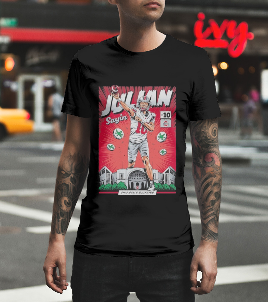 Julian Sayin Ohio State Buckeyes Number 10 Comic Superheroes Stadium T-Shirt