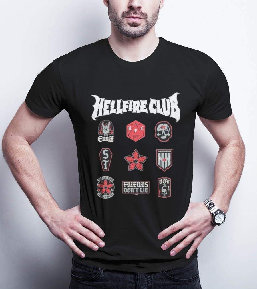 Stranger Things Hellfire Club Friends Don’t Lie Hawkins Heroes Badges T-Shirt