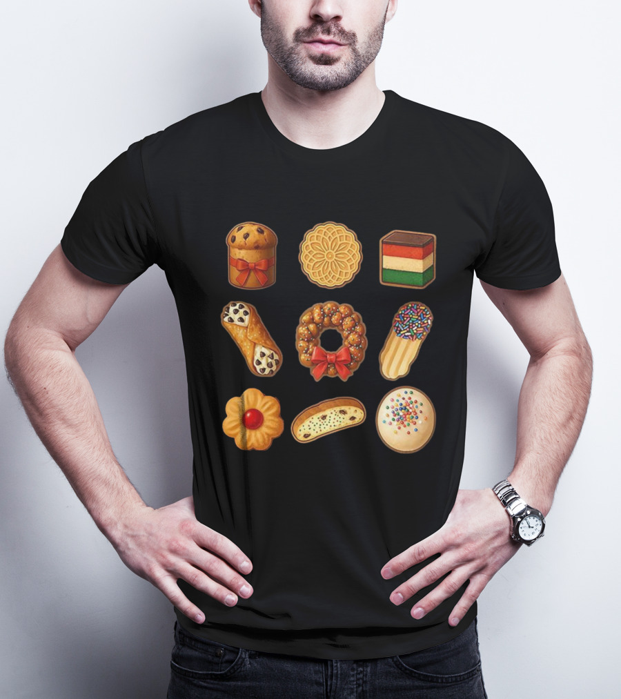 Festive Italian Cookie Variety Featuring Pandoro Biscotti Cannoli Bow Sprinkles T-Shirt