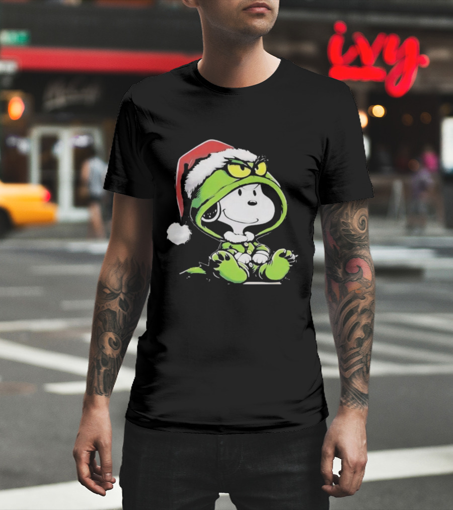 Snoopy Grinch Christmas Santa Hat Character Crossover T-Shirt