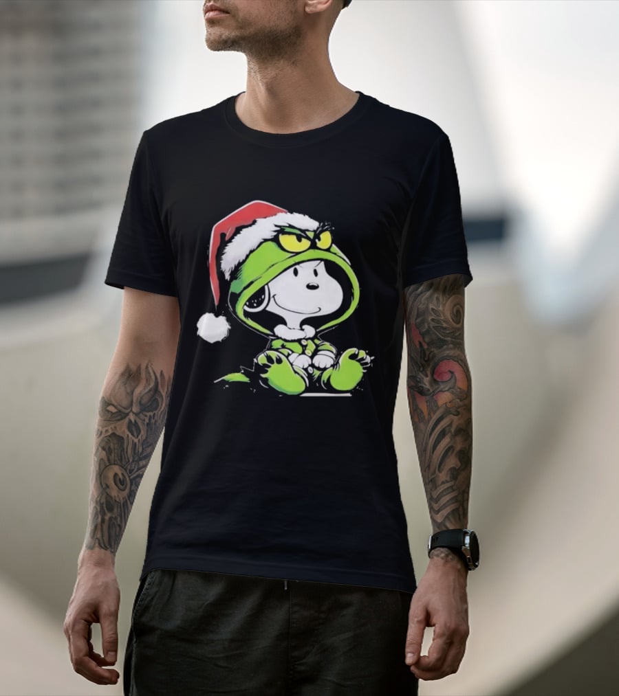 Snoopy Grinch Christmas Santa Hat Character Crossover T-Shirt