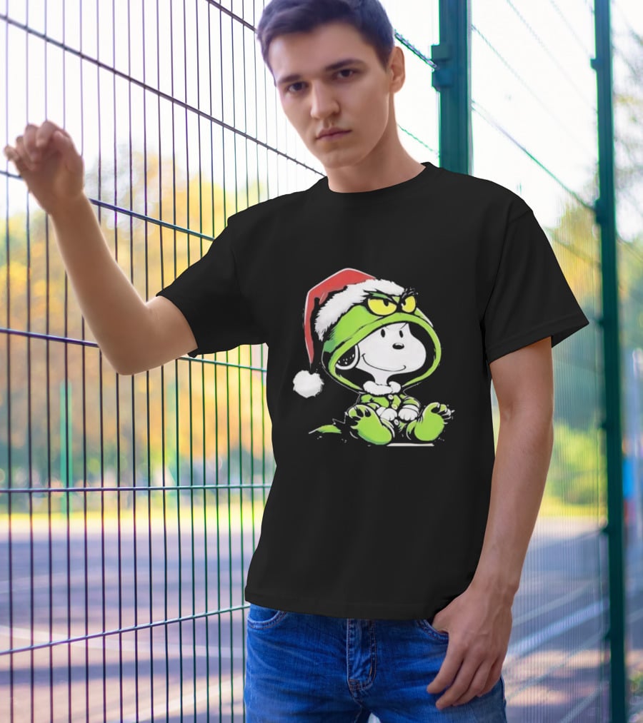 Snoopy Grinch Christmas Santa Hat Character Crossover T-Shirt