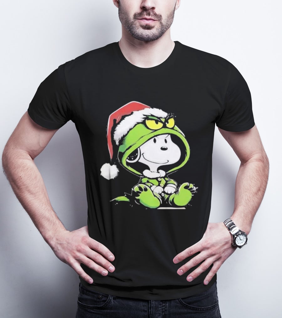 Snoopy Grinch Christmas Santa Hat Character Crossover T-Shirt