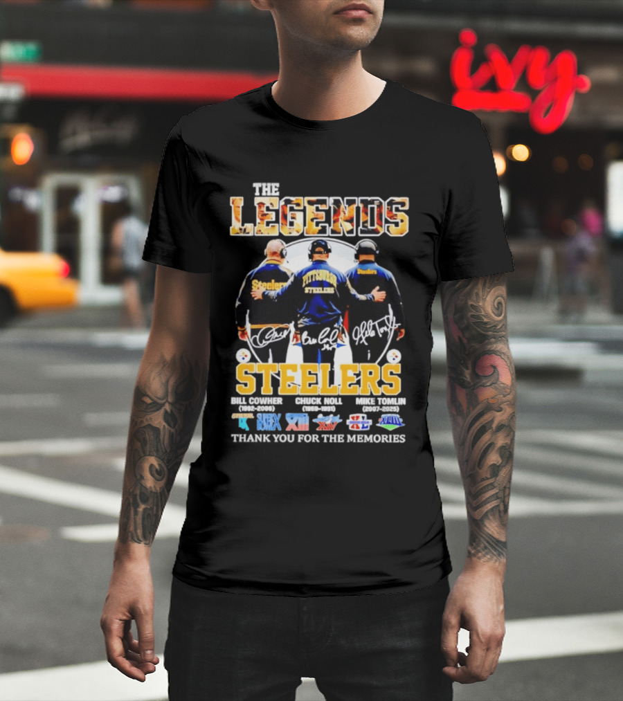 Pittsburgh Steelers Legends Bill Cowher Chuck Noll Mike Tomlin Thank You For The Memories T-Shirt
