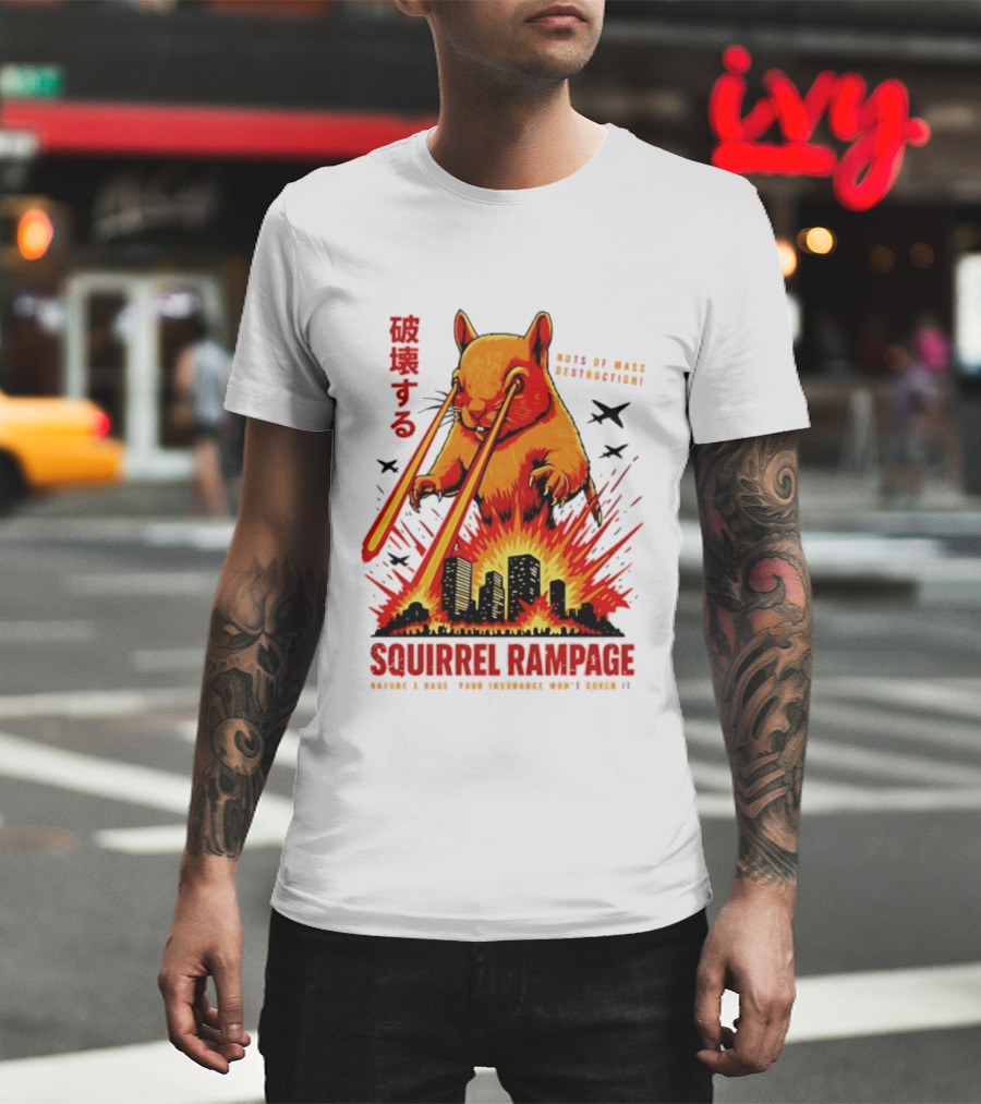Squirrel Rampage Laser Eyes Skyline Destruction Nuts Of Mass Destruction T-Shirt