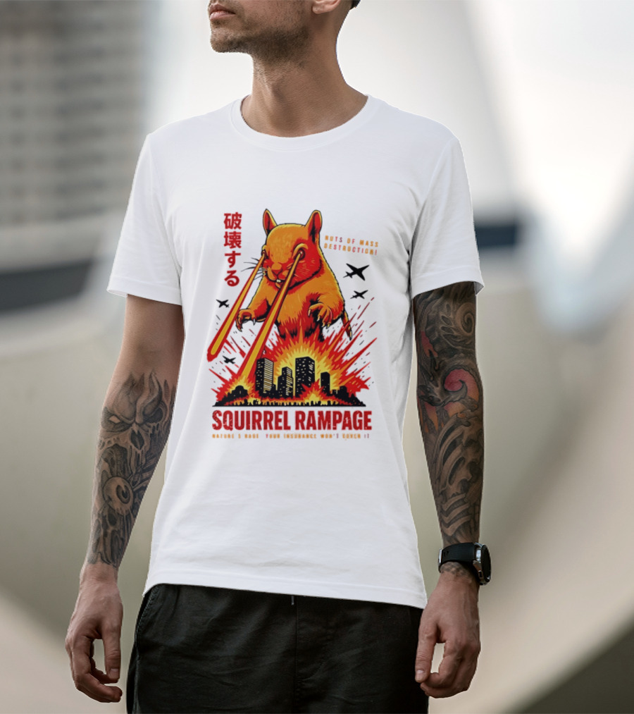 Squirrel Rampage Laser Eyes Skyline Destruction Nuts Of Mass Destruction T-Shirt