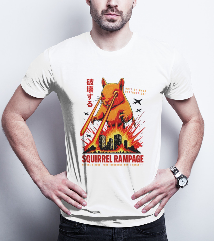 Squirrel Rampage Laser Eyes Skyline Destruction Nuts Of Mass Destruction T-Shirt