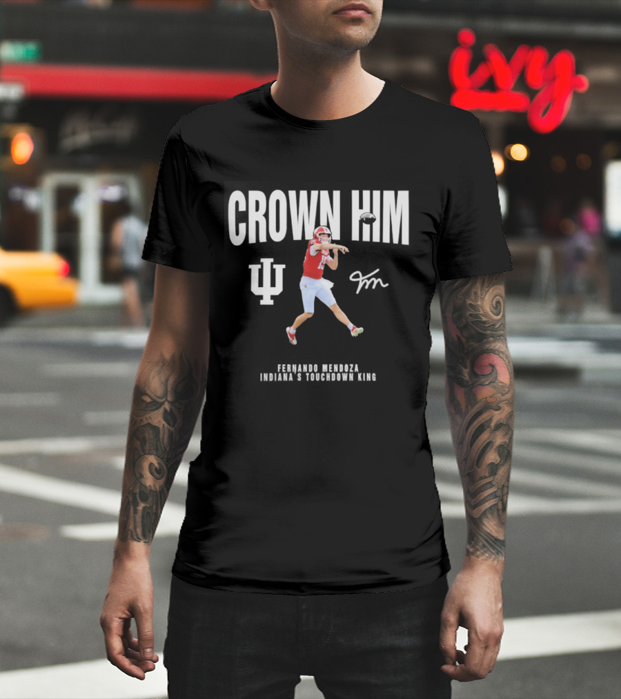 Indiana Hoosiers Fernando Mendoza Crown Him Touchdown King Quarterback Jumping Action T-Shirt