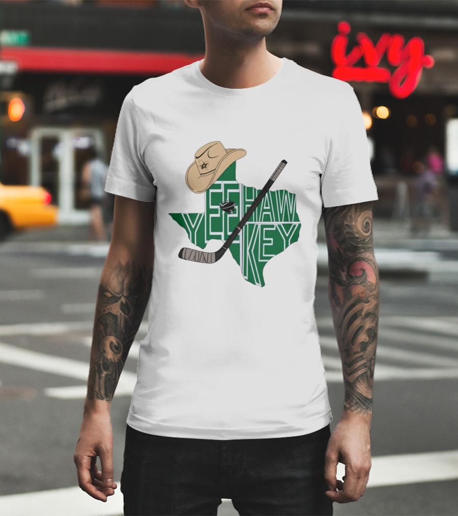 Yee Hawkey Hockey Texas Map Cowboy Hat And Stick Retro 1993 T-Shirt