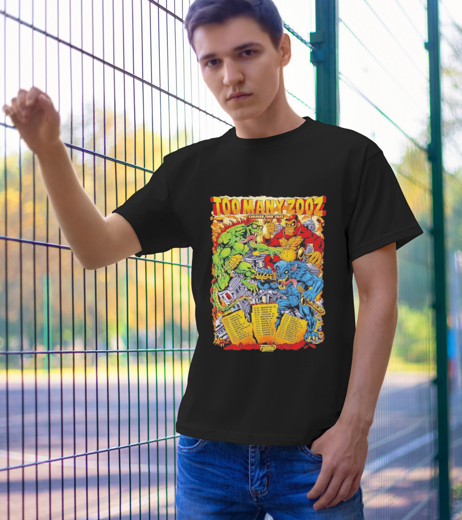 Too Many Zooz Caravan Tour 2025 Cities Monster Theme Music Band T-Shirt