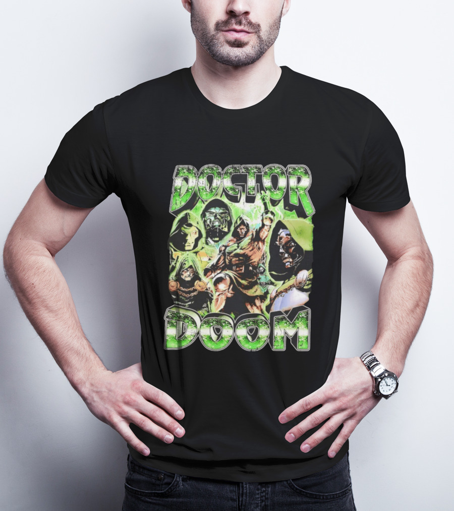 Doctor Doom 90s Bootleg Rap Vintage Style Green Comic Collage T-Shirt