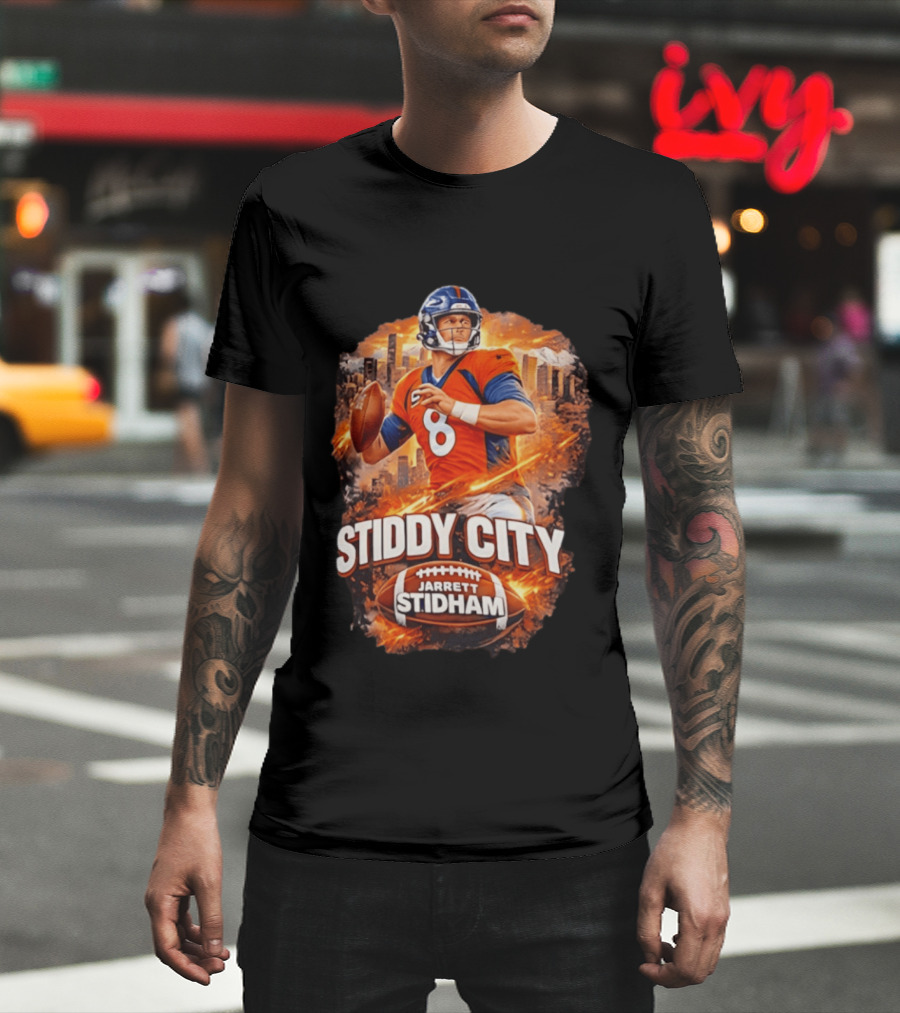 Stiddy City Jarrett Stidham Denver Broncos Quarterback 8 Urban Skyline Football T-Shirt