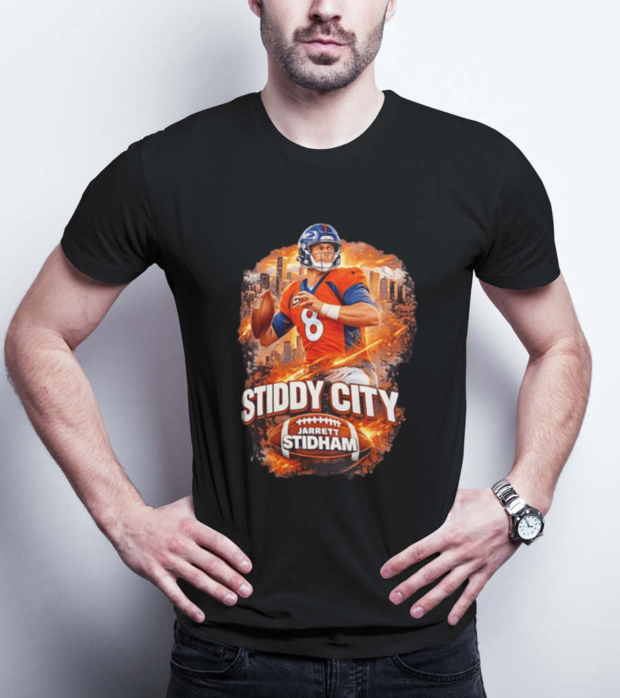 Stiddy City Jarrett Stidham Denver Broncos Quarterback 8 Urban Skyline Football T-Shirt
