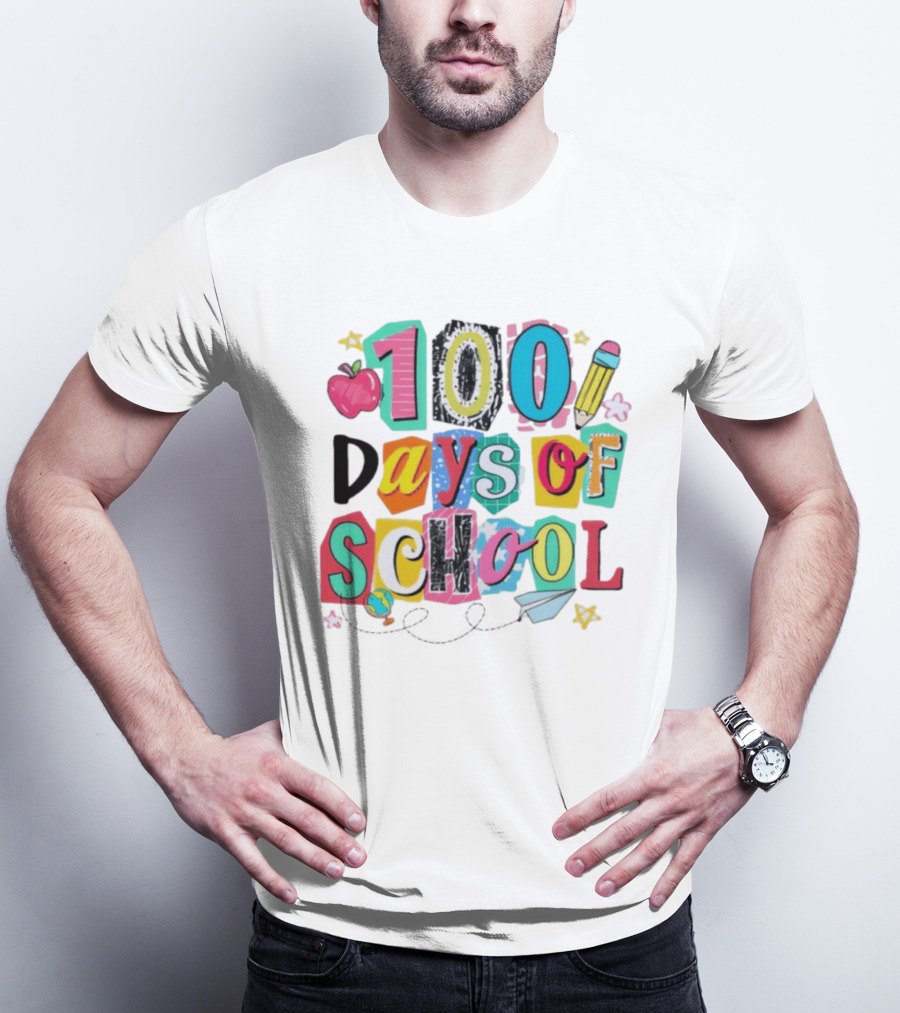 100 Days Of School Celebration Apple Pencil Stars Paper Plane Classroom T-Shirt