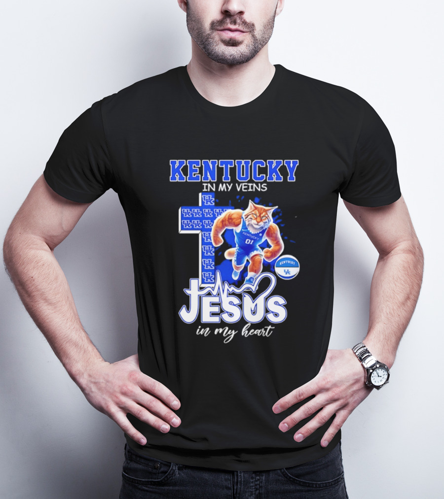 Kentucky Wildcats In My Veins Jesus In My Heart Wildcat Cross T-Shirt
