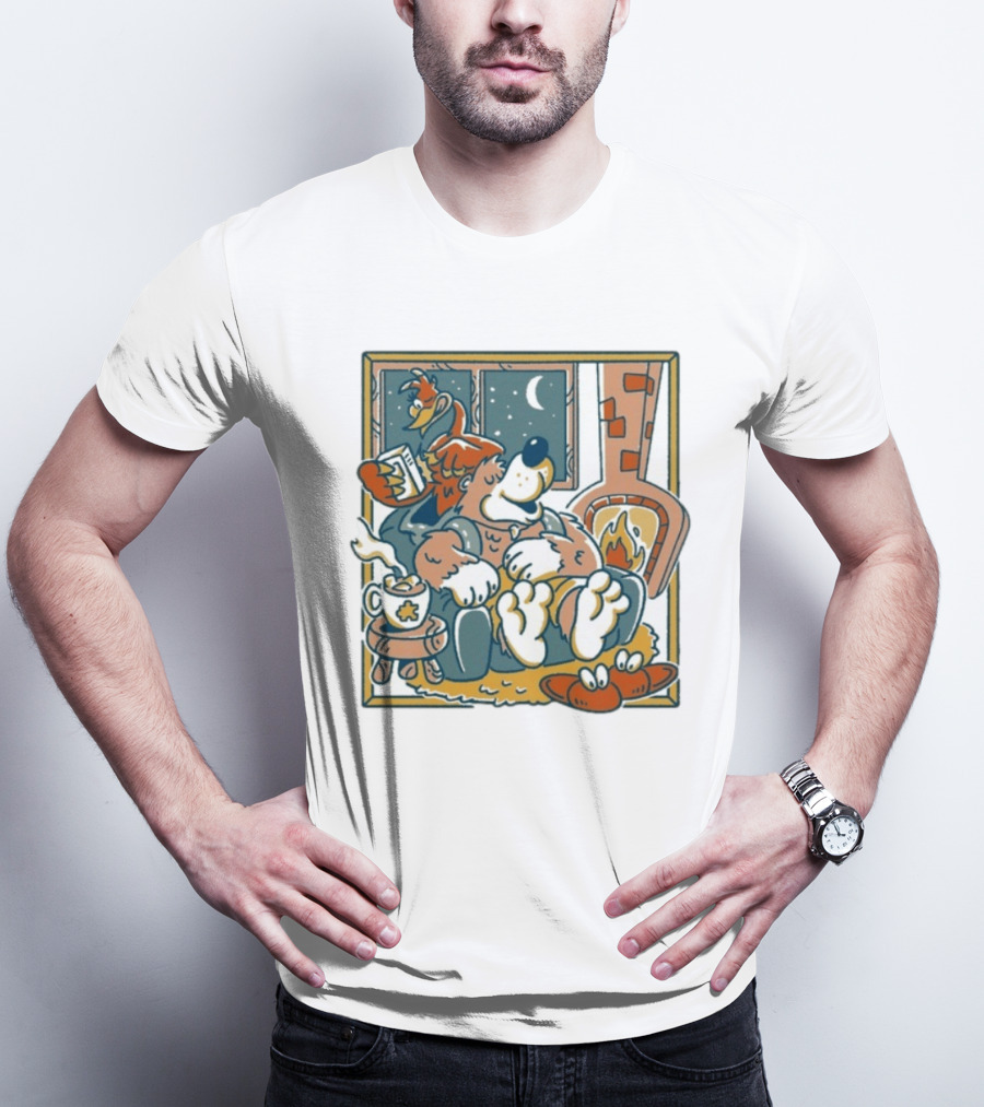 Henrique Torres Nighty Night Cozy Bear By The Fireplace With Duck And Coffee T-Shirt