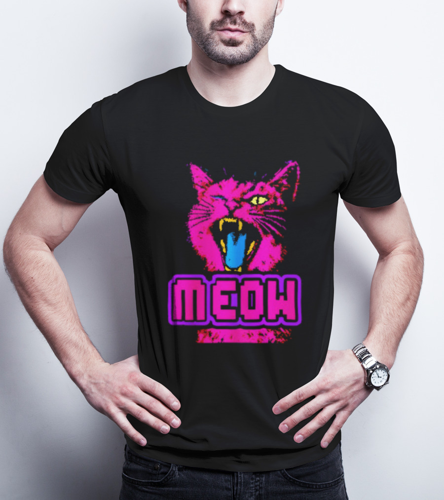 Neon Pink Angry Cat MEOW Cyberpunk Aesthetic Retro Futuristic T-Shirt
