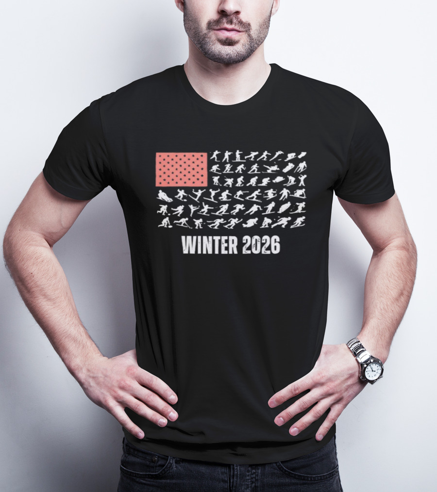 Patriotic USA Winter Sports 2026 Flag Skier Snowboarder T-Shirt