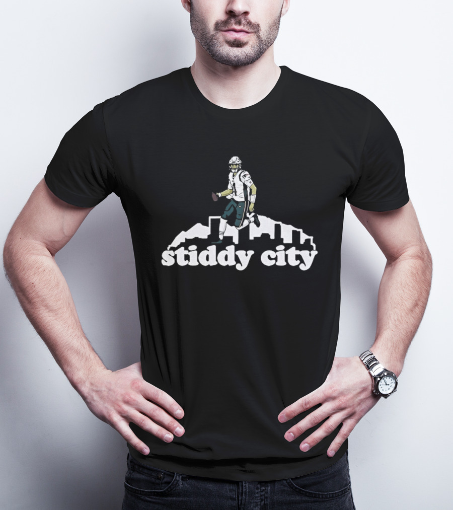 Stiddy City Jarrett Stidham Denver Broncos Skyline Football T-Shirt