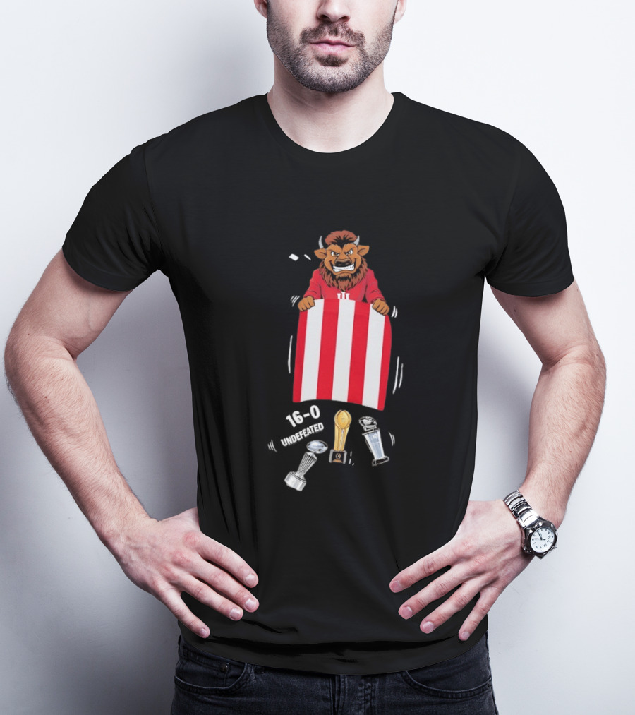Indiana Hoosiers 16 0 Undefeated Mascot Holding Red White Flag And Trophies T-Shirt