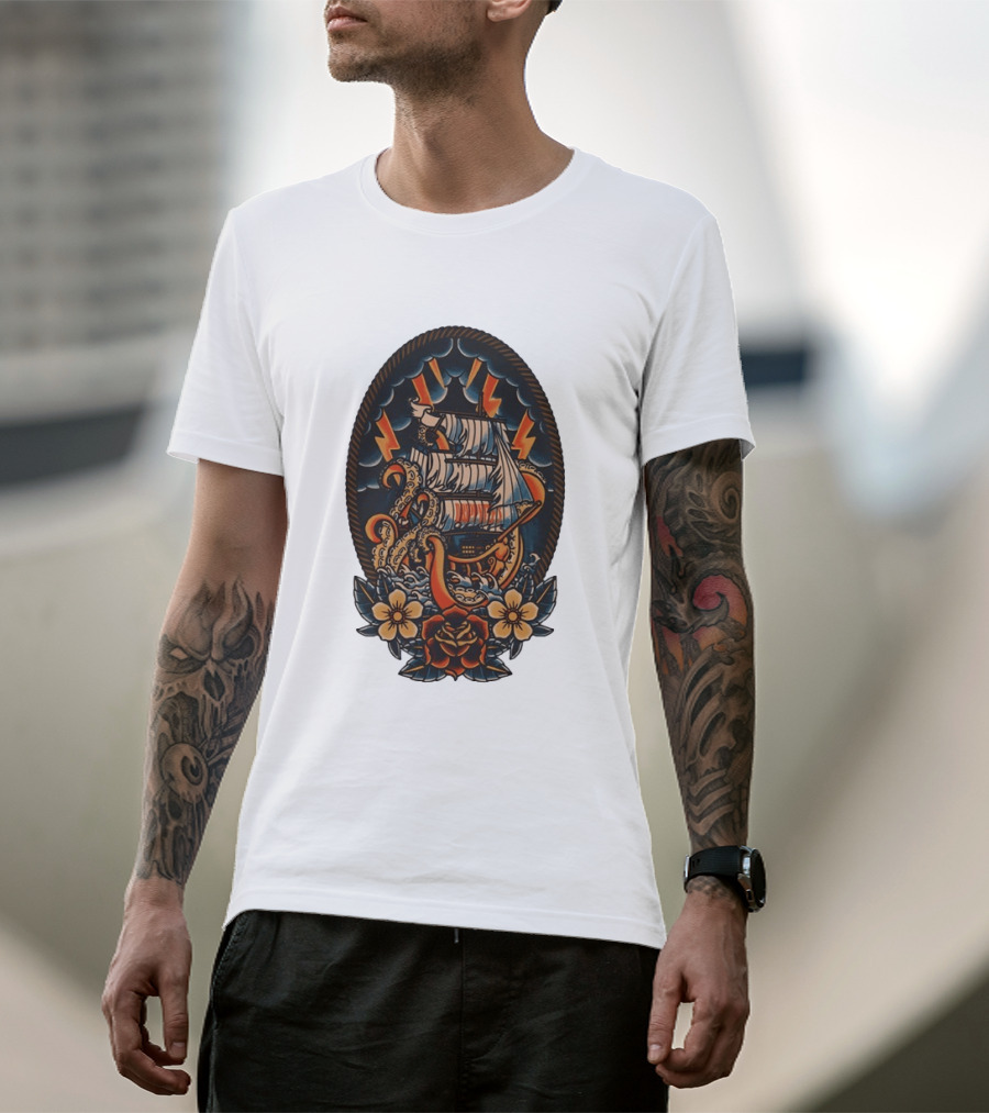 Kraken Sailboat Flower American Traditional Lightning Tattoo T-Shirt