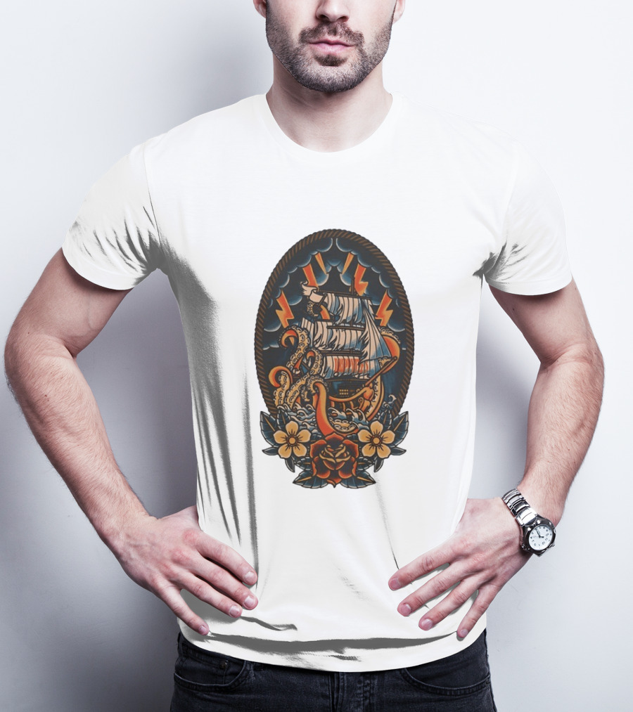 Kraken Sailboat Flower American Traditional Lightning Tattoo T-Shirt