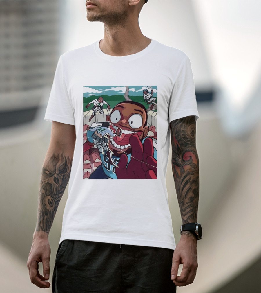 Seattle Seahawks Titan Down Football Cartoon Action Scene T-Shirt