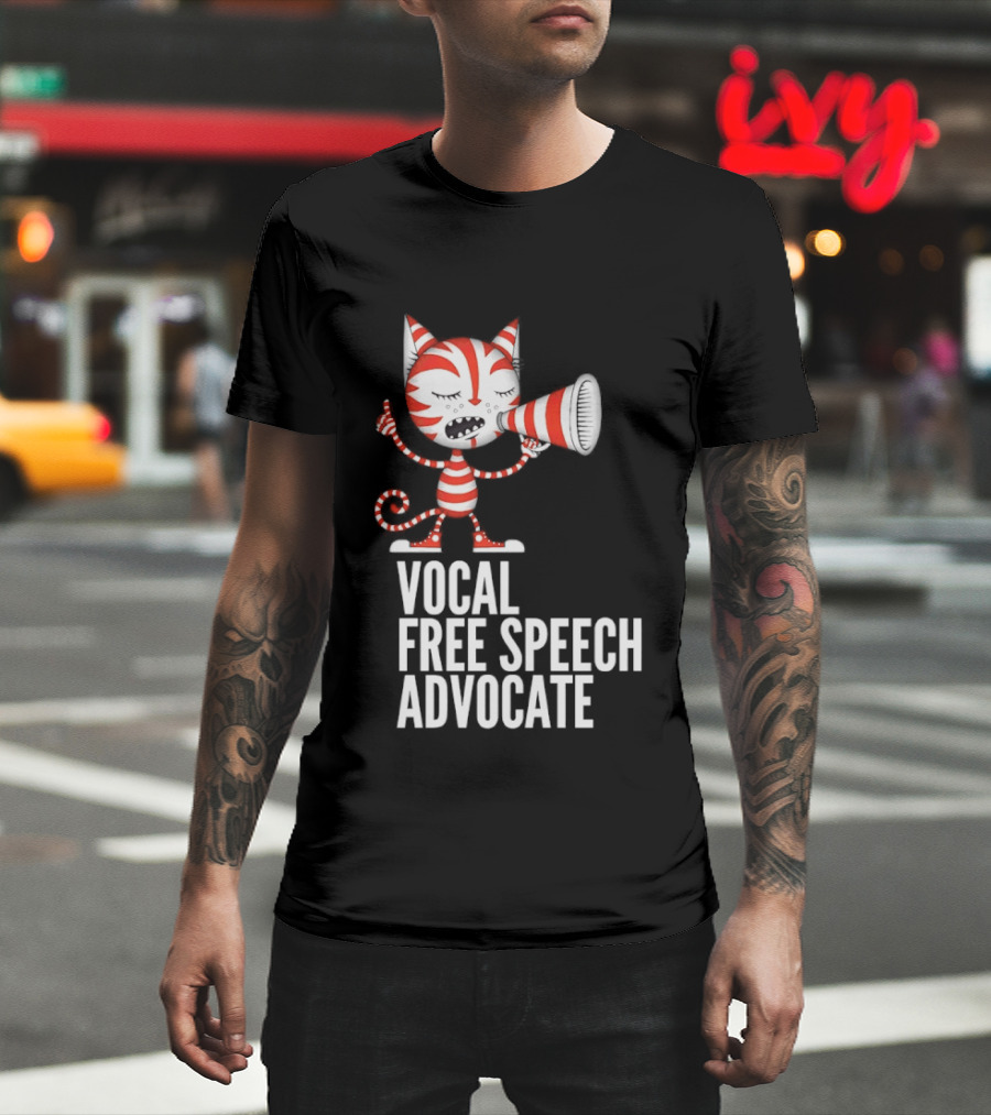 Cat Vocal Free Speech Advocate Megaphone Red Striped T-Shirt