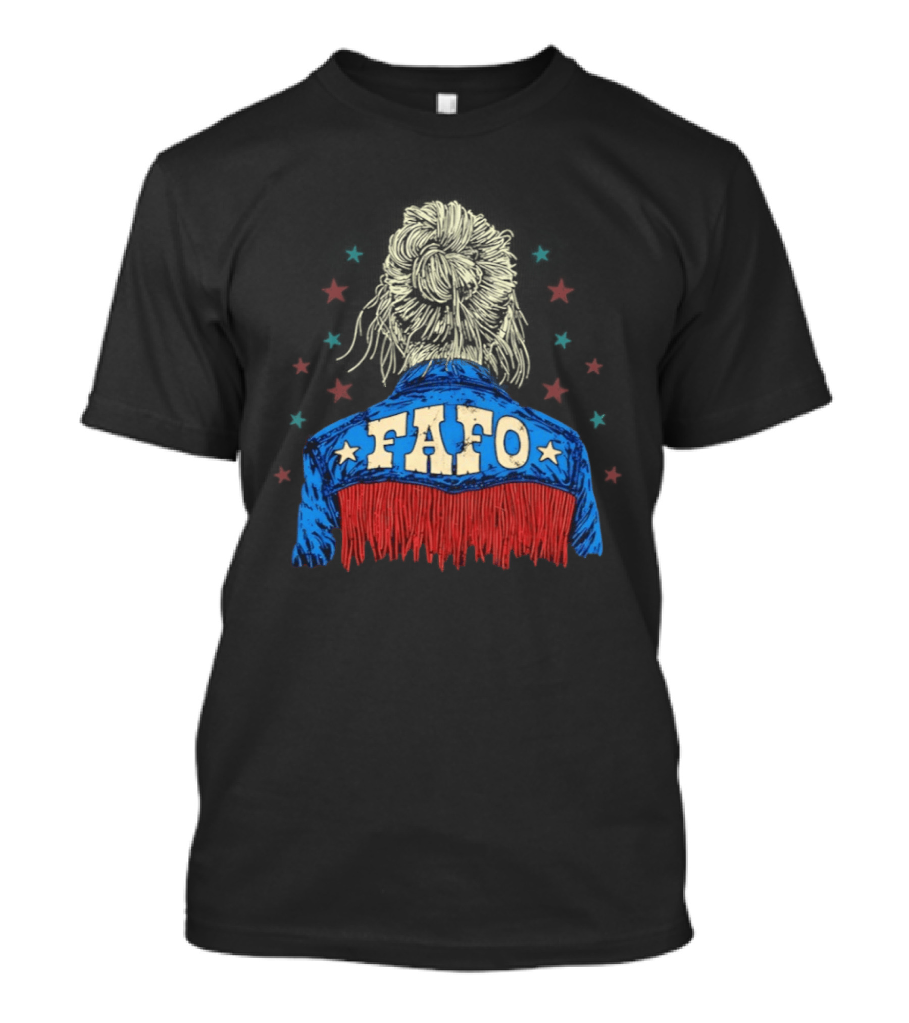 FAFO Messy Bun Western Fringe Denim Jacket Stars T-Shirt