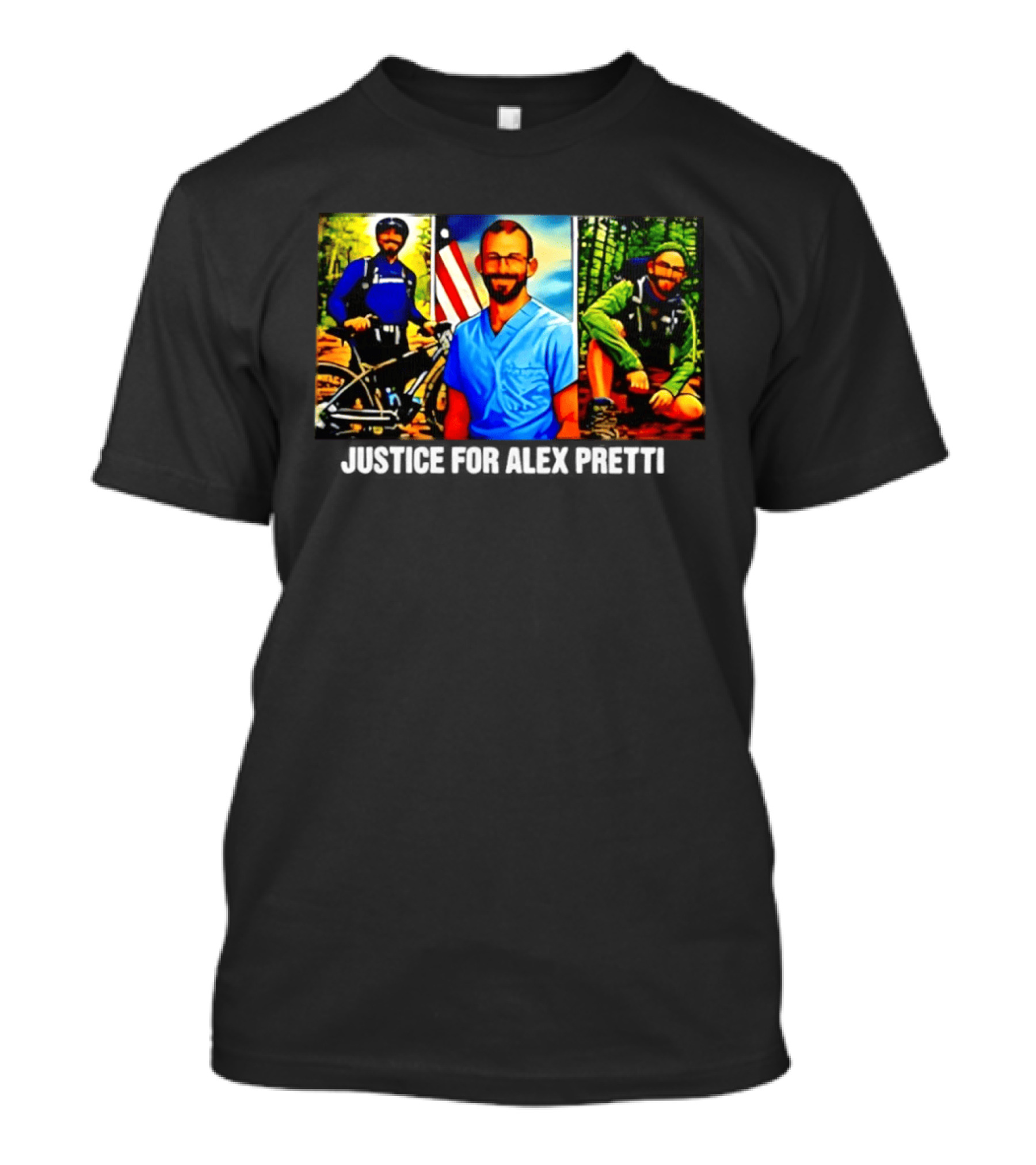 Justice For Alex Pretti Cartoon Art With American Flag And Nature Explorer T-Shirt