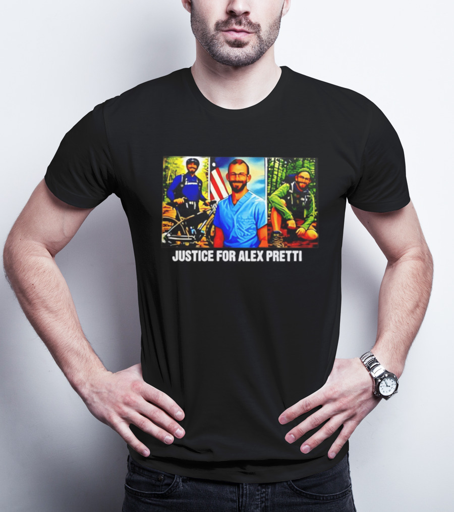 Justice For Alex Pretti Cartoon Art With American Flag And Nature Explorer T-Shirt