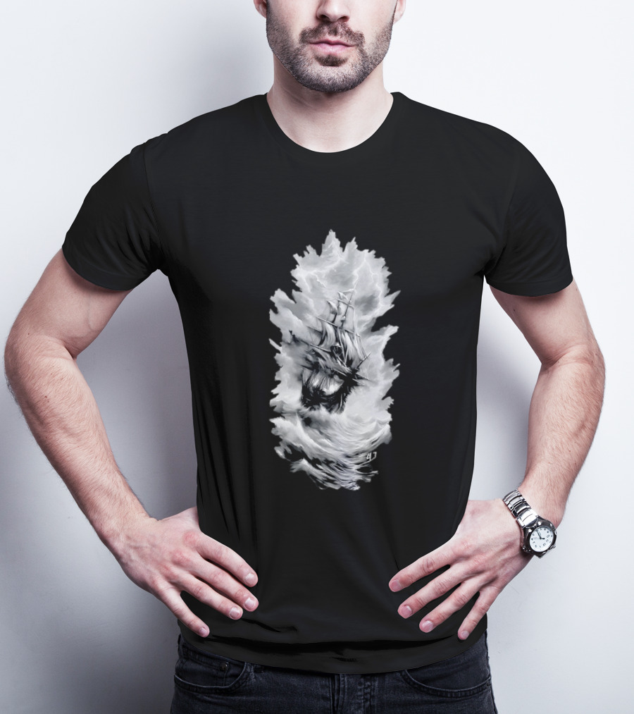 Driven By The Storm Sailing Ship Amidst Thunderous Waves T-Shirt