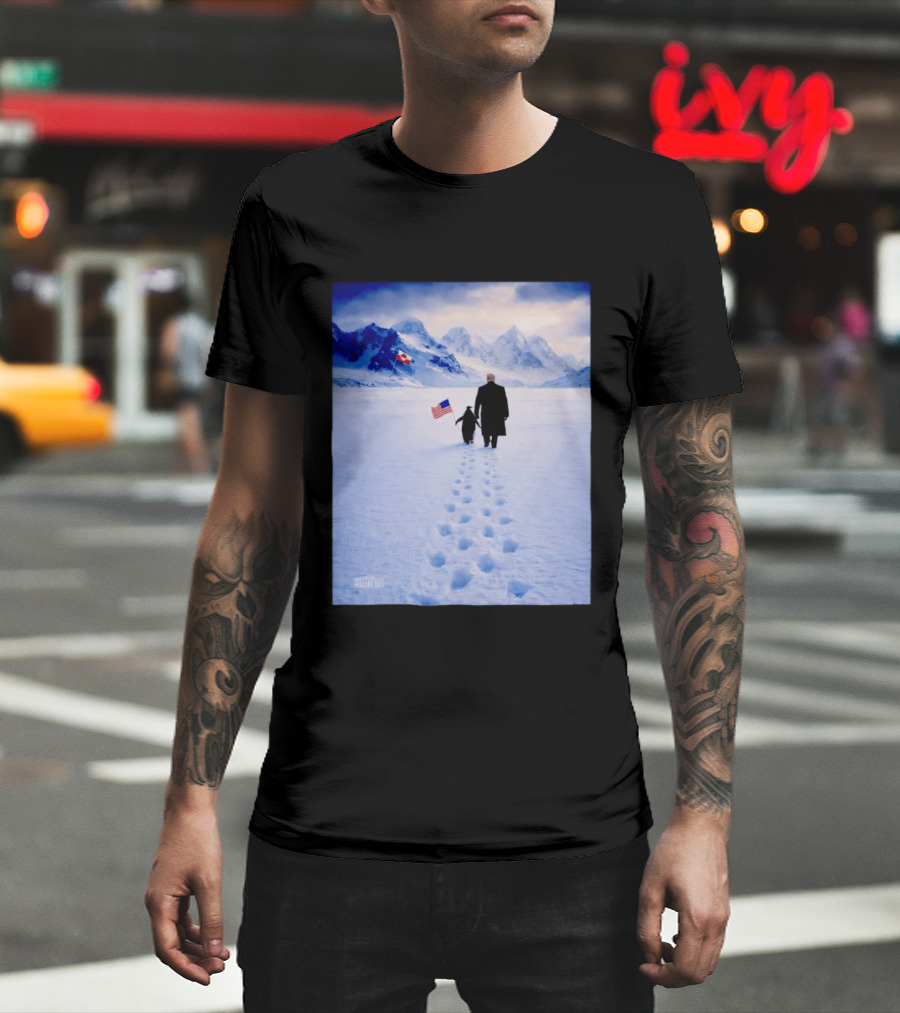 The White House Donald Trump Walking With Penguin American Canadian Flags Snowy Mountains T-Shirt