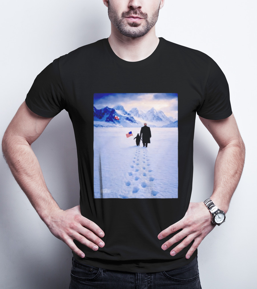 The White House Donald Trump Walking With Penguin American Canadian Flags Snowy Mountains T-Shirt