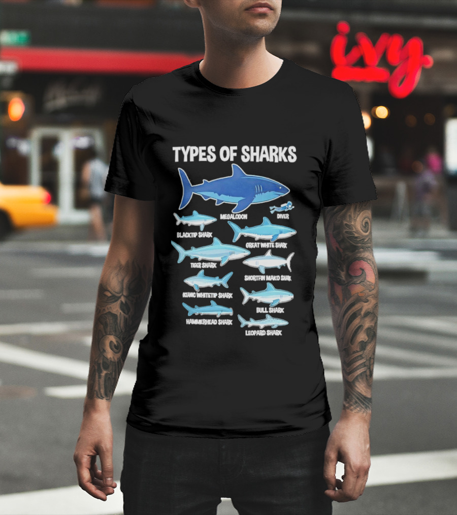 Types Of Sharks White Shark Hammerhead Great White Whale Tiger Bull Mako Marine Biology T-Shirt