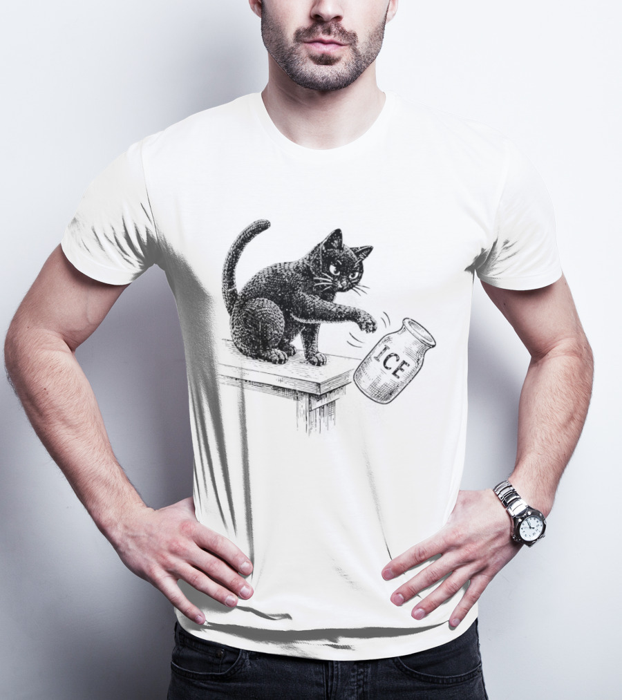 Cat Knocking Over ICE Jar Pro Immigration Message T-Shirt