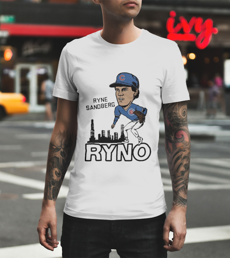 Ryne Sandberg Ryno Chicago Cubs Cartoon Skyline T-Shirt