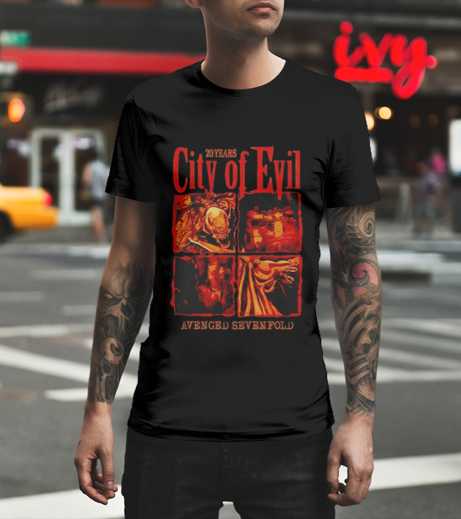 Avenged Sevenfold City Of Evil 20th Anniversary Skeleton And Dragon T-Shirt