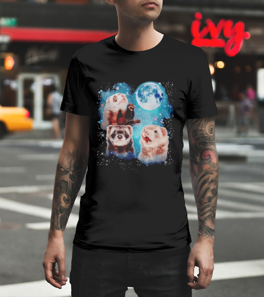 Ferret Trio With Full Moon And Starlit Sky T-Shirt