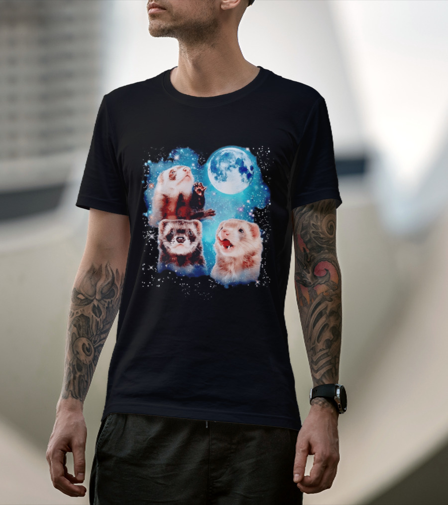Ferret Trio With Full Moon And Starlit Sky T-Shirt