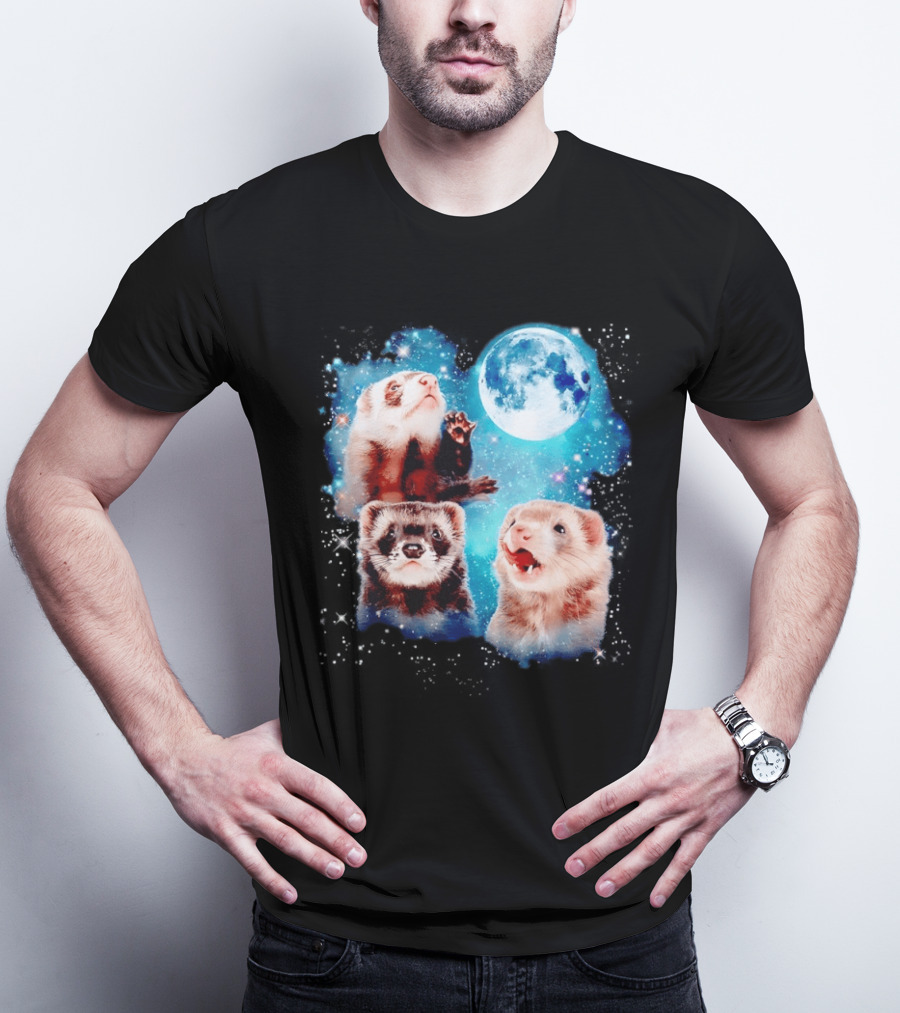 Ferret Trio With Full Moon And Starlit Sky T-Shirt