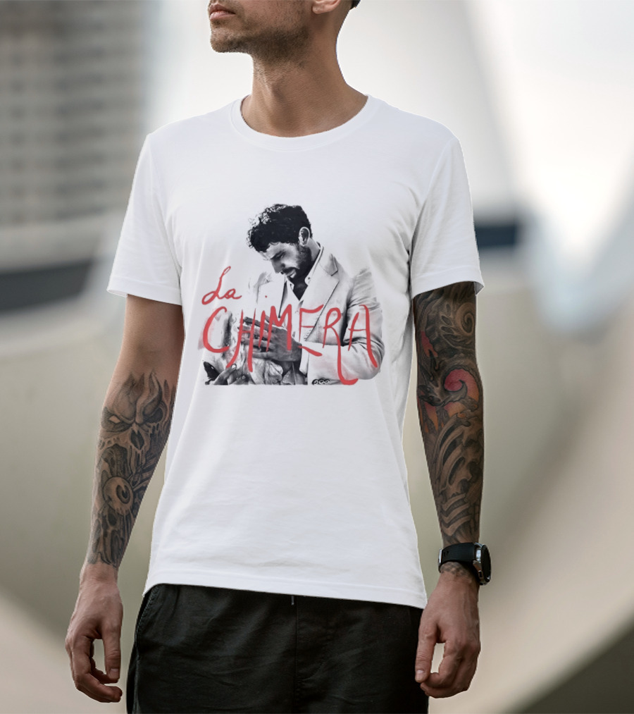 La Chimera Film Red Neon Style Text Over Mysterious Figure T-Shirt
