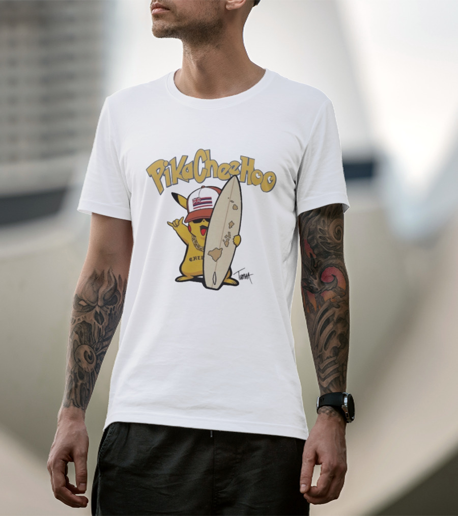 PikaCheeHoo Pikachu Surfboard Tumua Hawaii Flag Hat T-Shirt