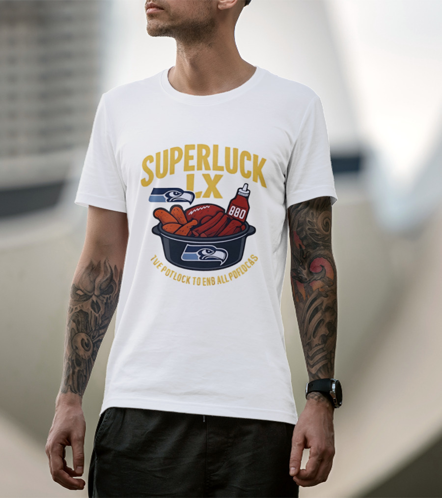 SuperLuck LX Seattle Seahawks Potluck BBQ Football T-Shirt